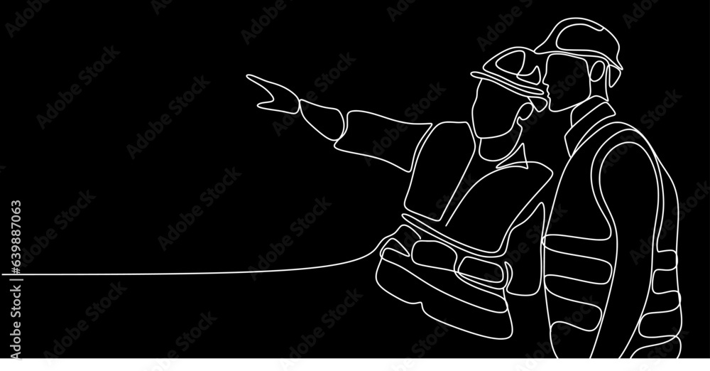 Single continuous line drawing of young construction manager giving ...