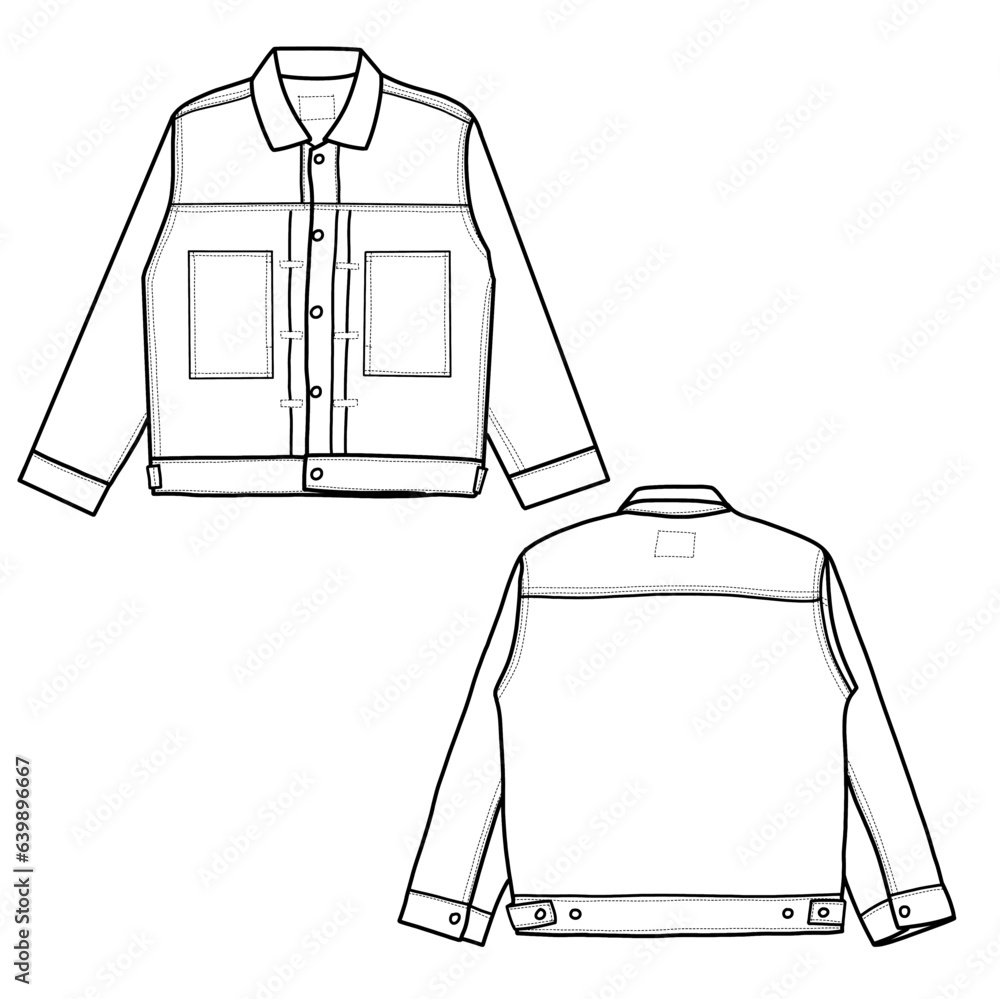 Technical sketch drawing of mens denim jacket vector template, flat ...