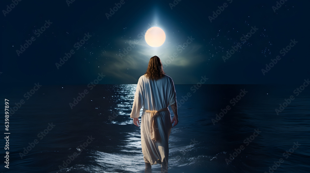 Jesus Christ walking on water at full moon night. Stock Photo | Adobe Stock