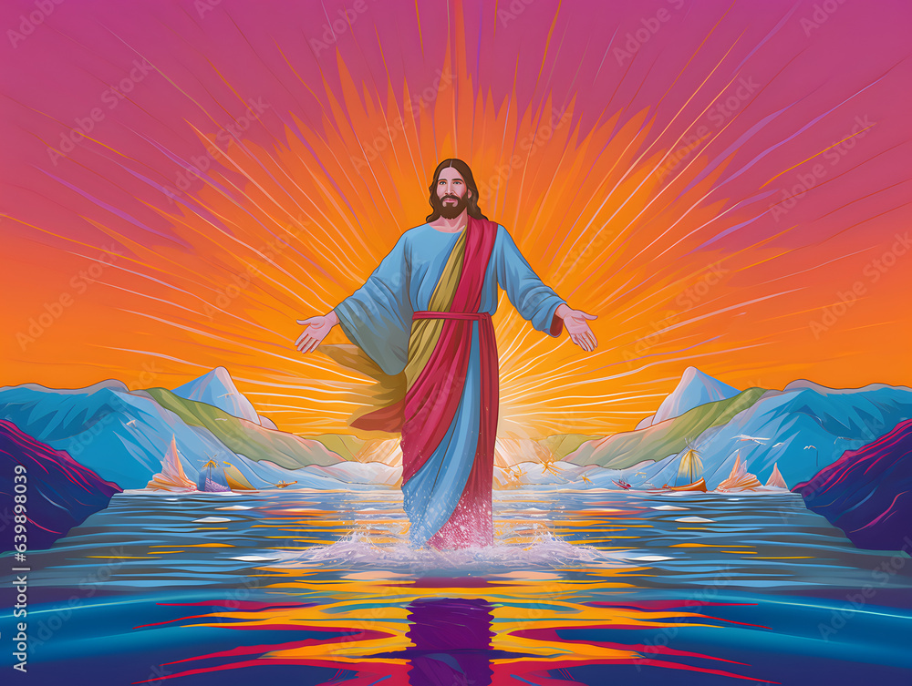 Jesus Christ walking on water at the sea. with colors of rainbow. Stock ...