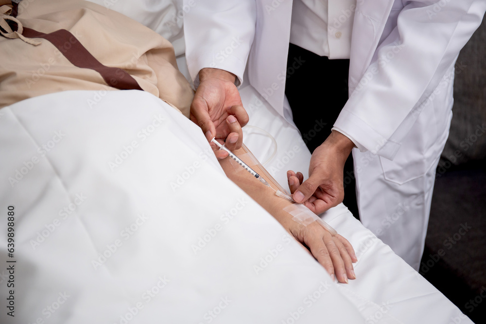 Hands of doctor hold syringe needle insulin with preparing vaccinate ...