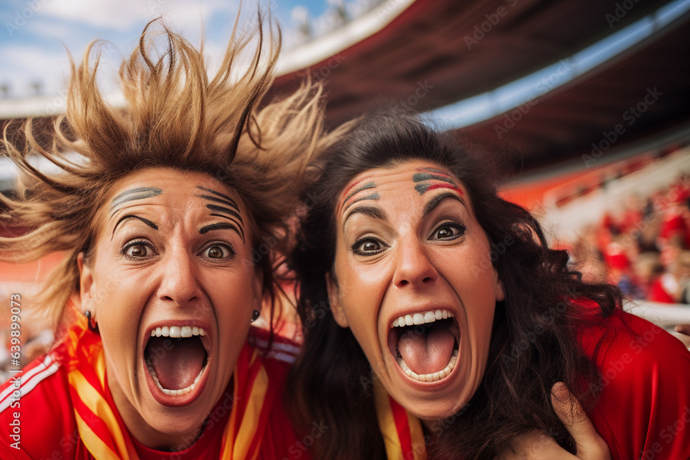 Spanish female soccer fans in a World Cup stadium celebrating Spanish ...