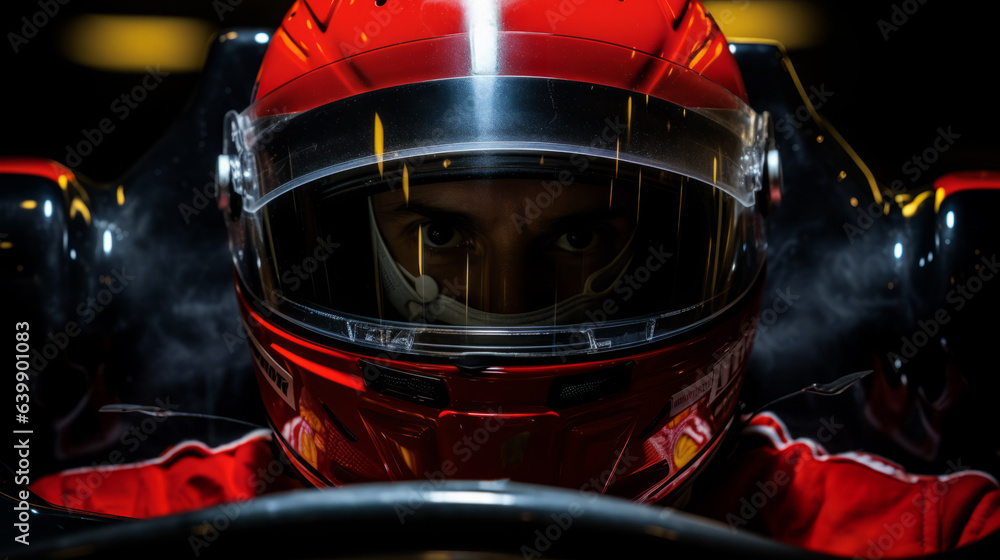 F1 pilot in the heart of his racing machine. The driver's focused gaze ...