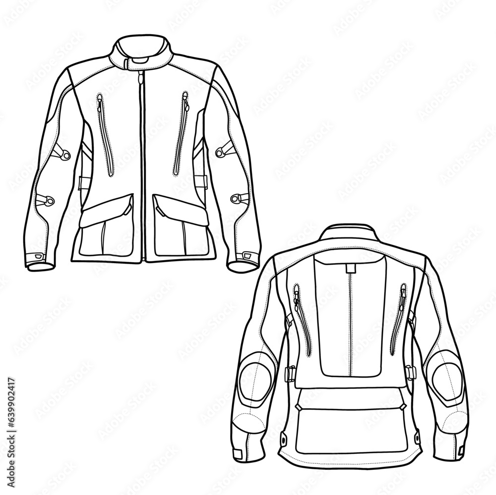 Technical sketch drawing of waterproof racing jacket line art, flat ...