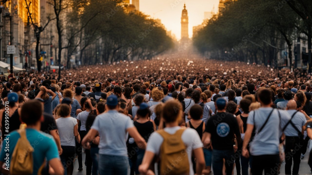 crowd marching activist for rights in a big city at sunset Stock Photo ...