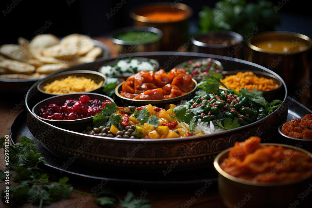 Ethnic Flavors. Plates of Indian, Mexican, and Middle Eastern dishes ...