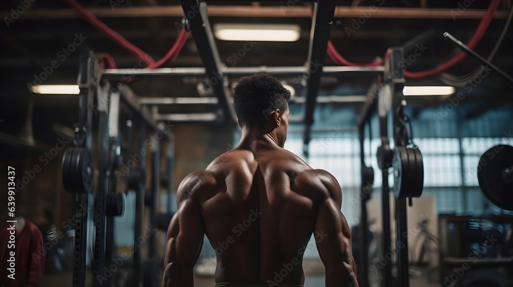 Back of young handsome sportsman in gym, bodybuilder weightlifter with ...