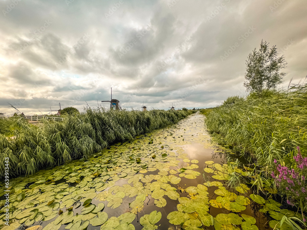 Iconic and historical wooden Dutch windmill and canal system. Built in ...