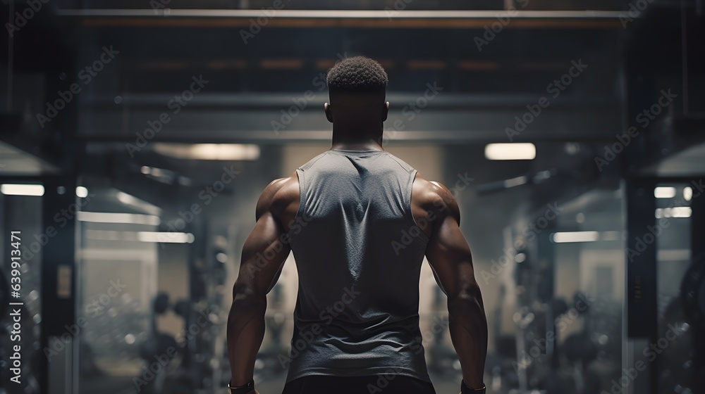 Back of young handsome sportsman in gym, bodybuilder weightlifter with ...