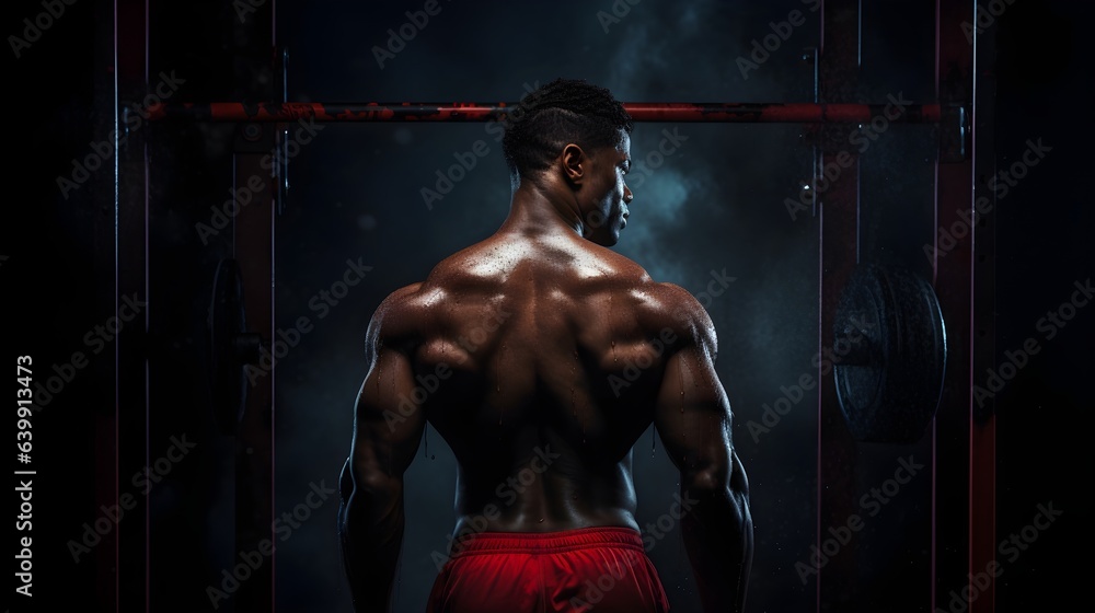 Back of young handsome sportsman in gym, bodybuilder weightlifter with ...