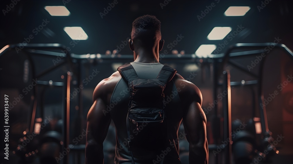Back of young handsome sportsman in gym, bodybuilder weightlifter with ...