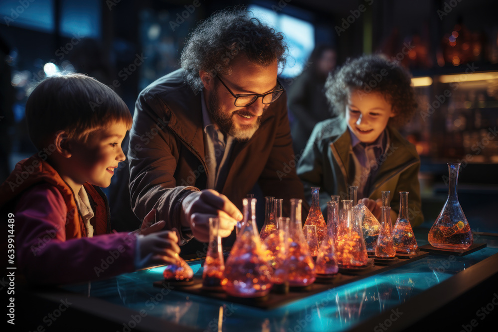 Eager to explore, kids gather around a table filled with beakers, test ...