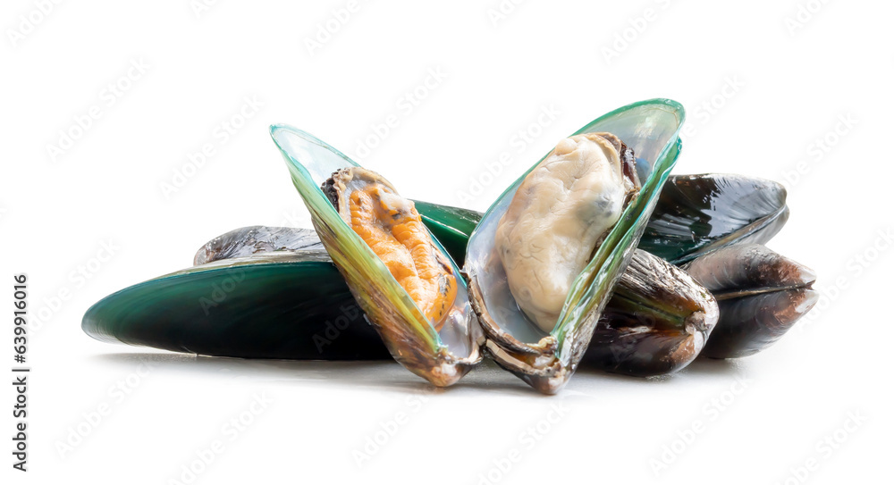 Steamed or cooked food of fresh beautiful green mussels in stack ...