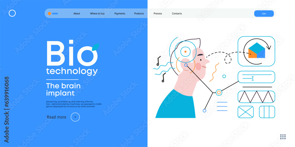 Bio Technology, Brain implant, Neural upgrade -modern flat vector concept illustration of brain ...