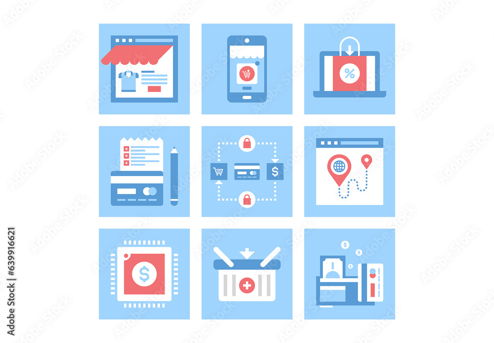 Vector set of flat digital commerce icons on following themes - webshop ...