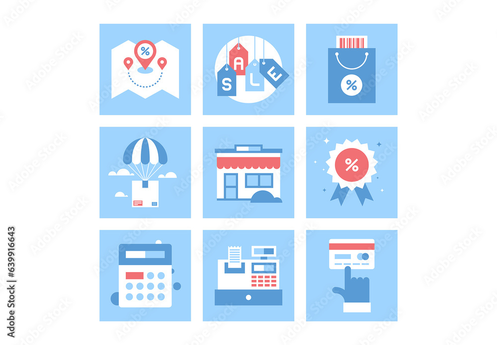 Vector set of flat shopping and commerce icons. Icon pack includes ...