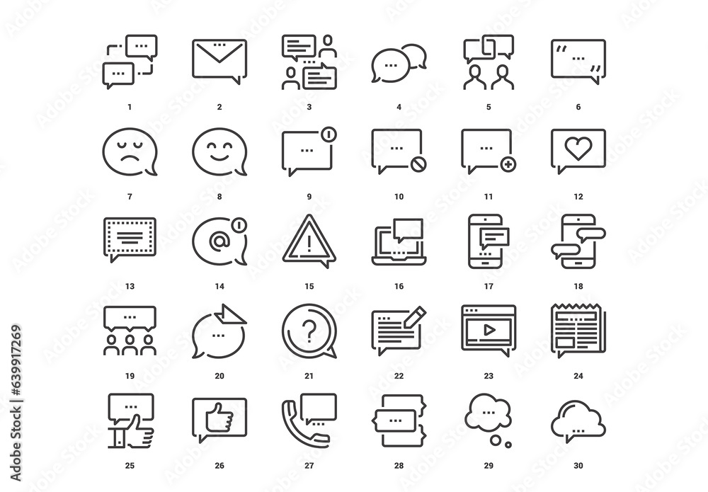 Vector set of message bubbles flat line web icons. Each icon with ...