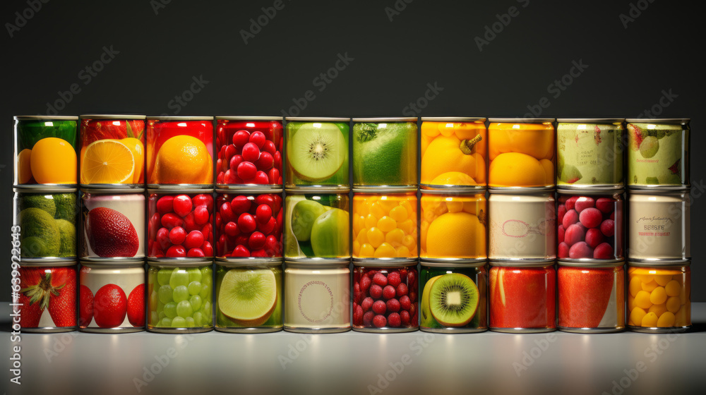 Various types of canned fruits on black background 素材庫插圖 | Adobe Stock