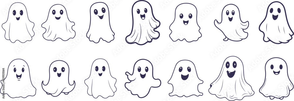 Set of cute funny happy ghosts. Childish spooky boo characters for kids ...