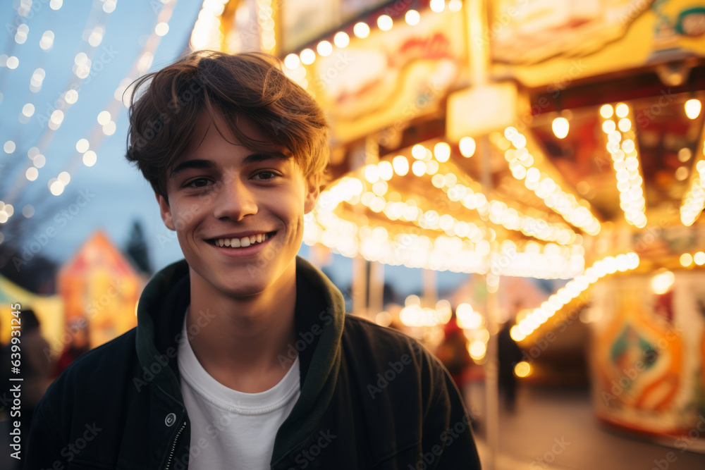 Young happy smiling teenage boy at a carnival with colorful carousel ...