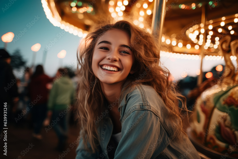 Young happy smiling teenage girl at a carnival with colorful carousel ...