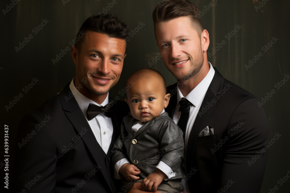 Family portrait of a gay family with two men couple and adopted child ...