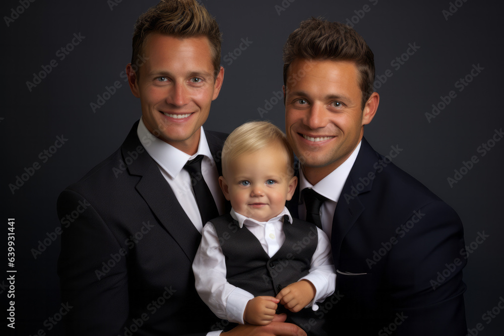 Family portrait of a gay family with two men couple and adopted child ...
