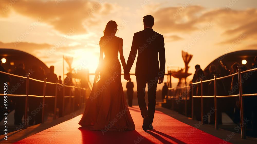 Back silhouette view of a couple of stars in gorgeous evening gowns and ...