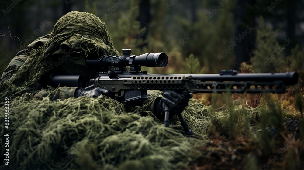 Special forces sniper soldier wearing ghillie suit laying on ground ...