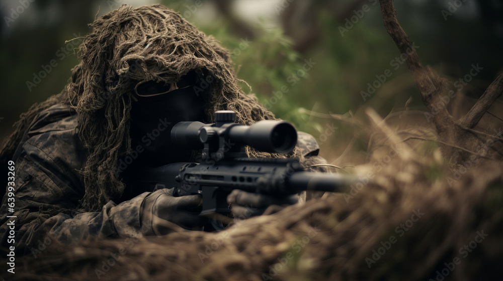 Special forces sniper soldier wearing ghillie suit laying on ground ...