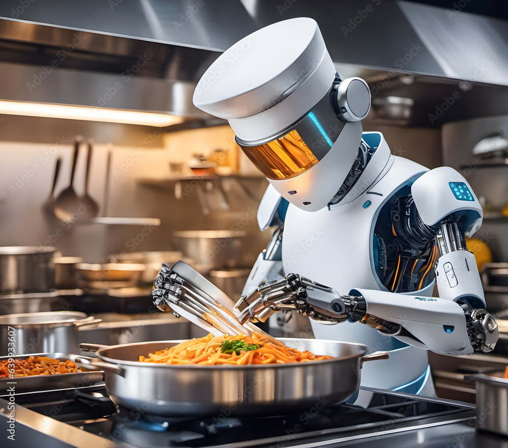 ai robot is cooking in a restaurant kitchen. Machine AI chef Robots ...