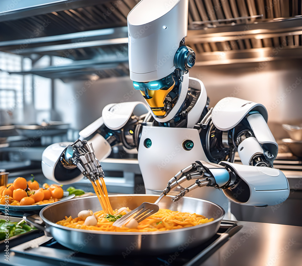 ai robot is cooking in a restaurant kitchen. Machine AI chef Robots ... ai robot is cooking in a restaurant kitchen. Machine AI chef Robots ...