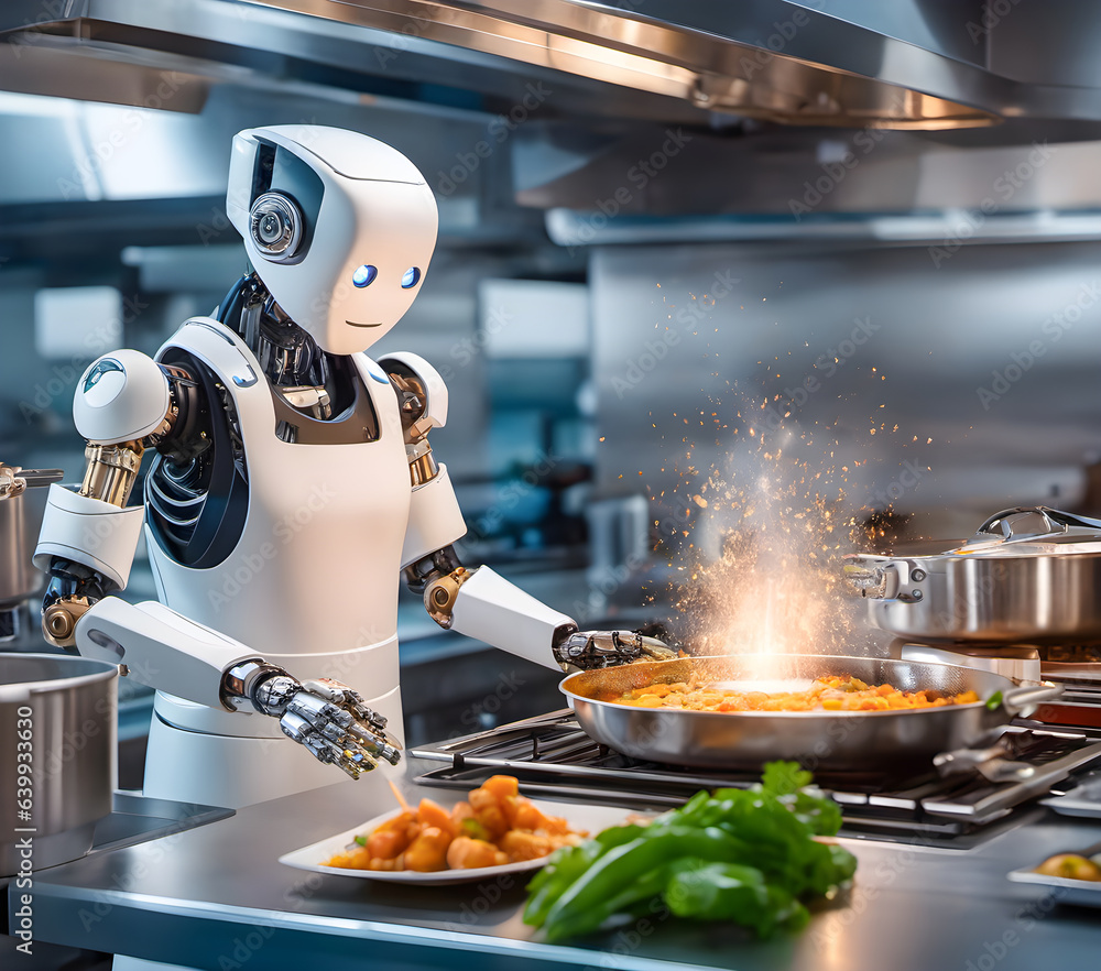 ai robot is cooking in a restaurant kitchen. Machine AI chef Robots ...