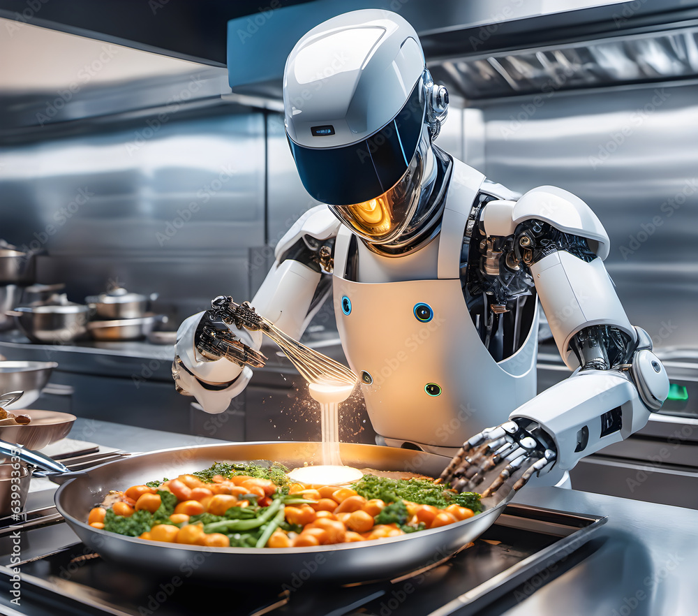 ai robot is cooking in a restaurant kitchen. Machine AI chef Robots ...