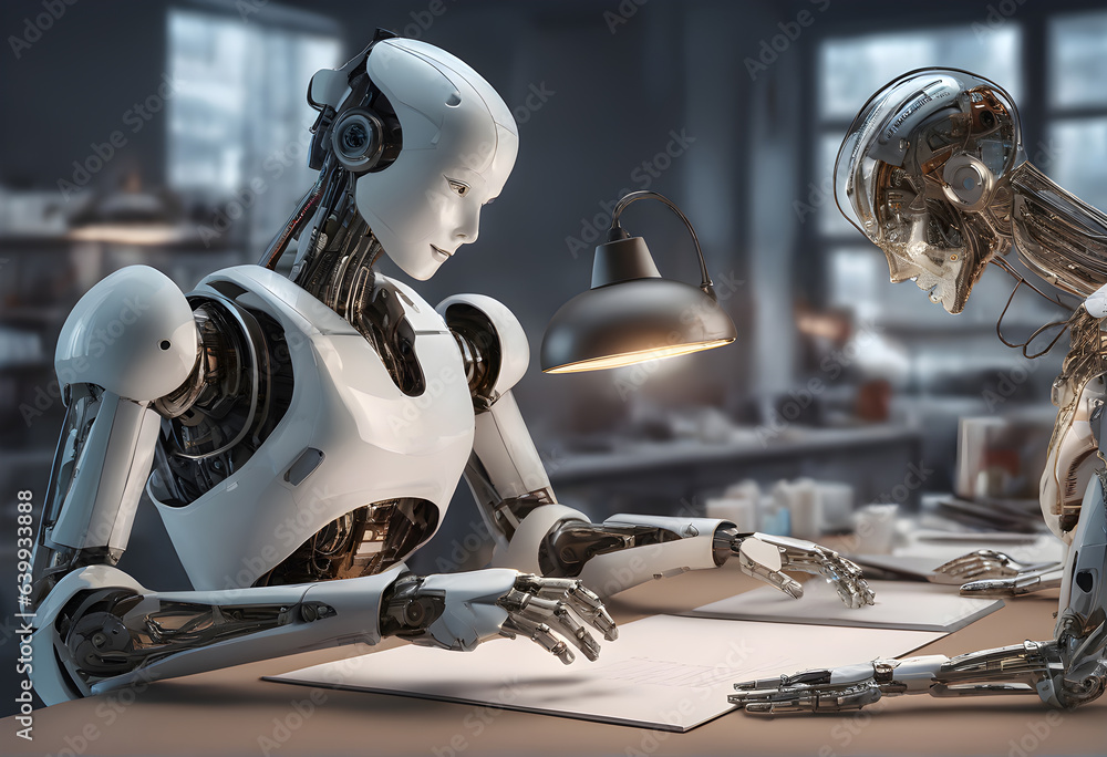 machine AI bot working with people in the office and production for ...