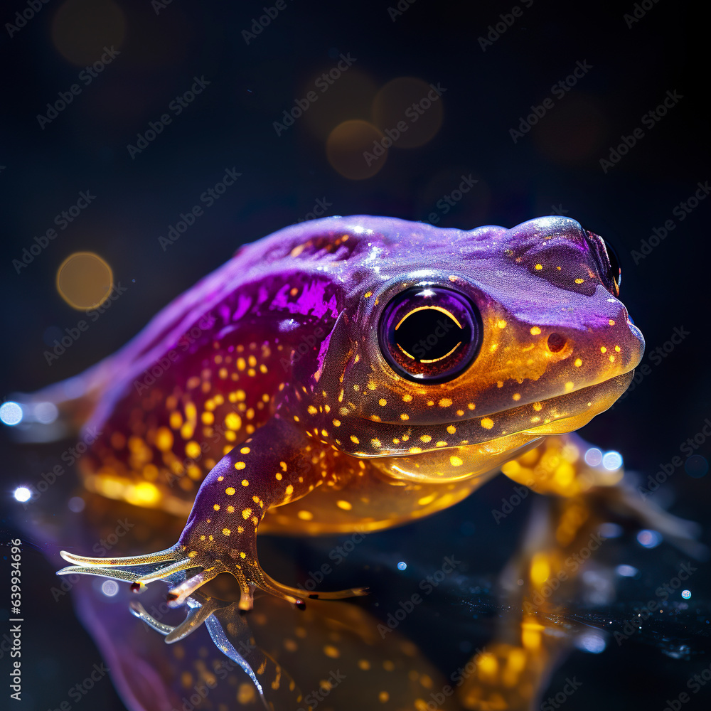 A transparent purple tadpole with golden spots on the body. Exotic ...