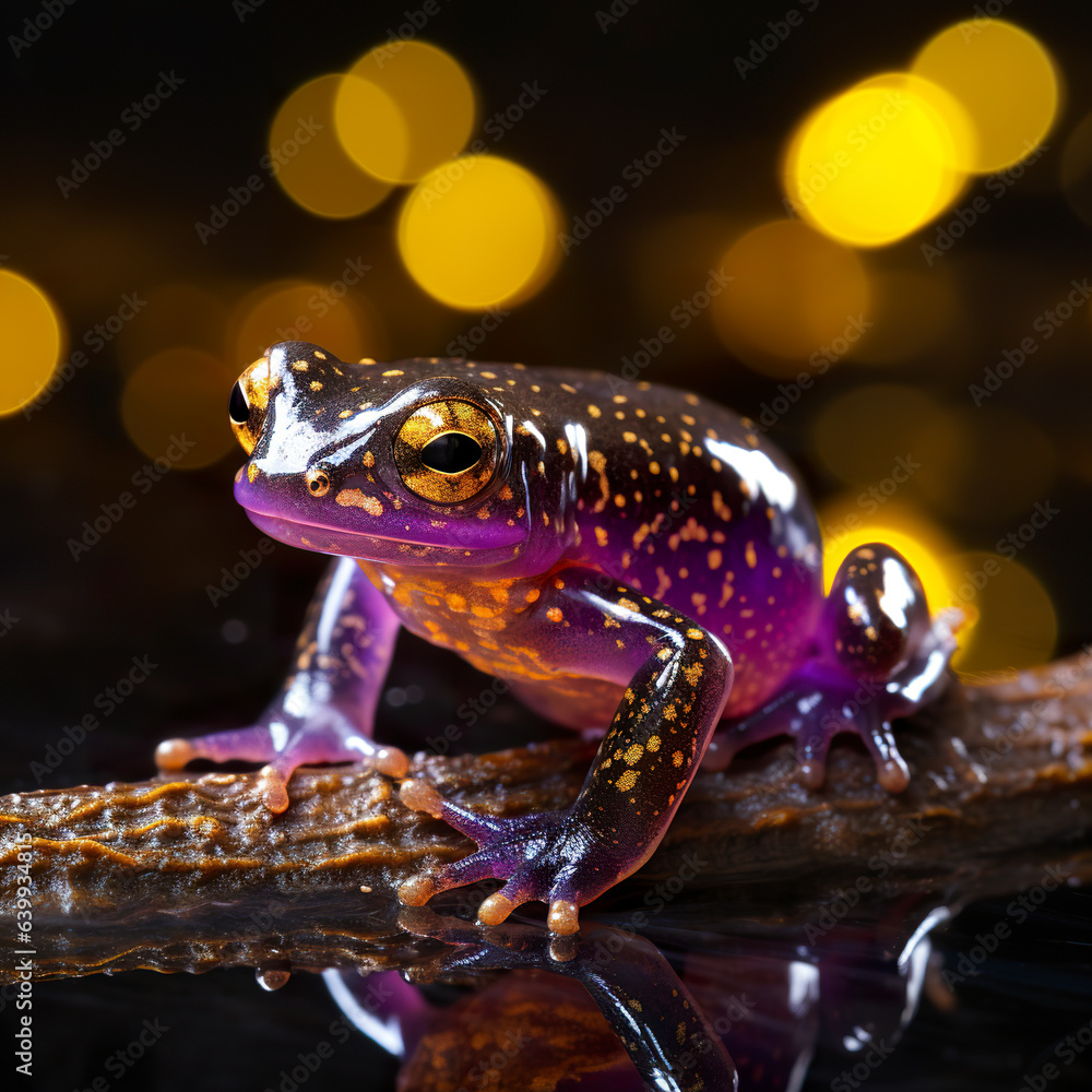 A transparent purple tadpole with golden spots on the body. Exotic ...