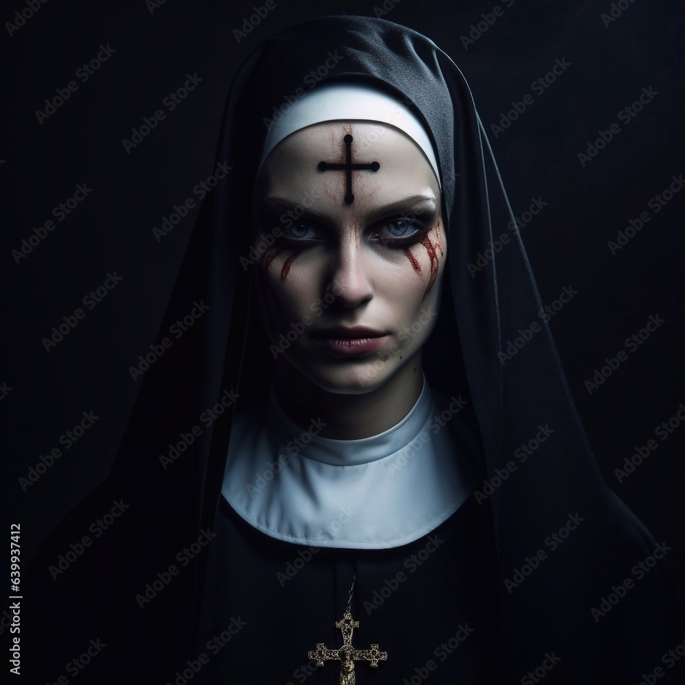 Portrait of a nun with an evil expression on her face, with dark ...