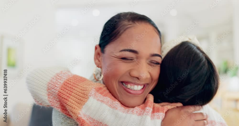 Care, happy and mom hugging her child in the living room of modern home ...