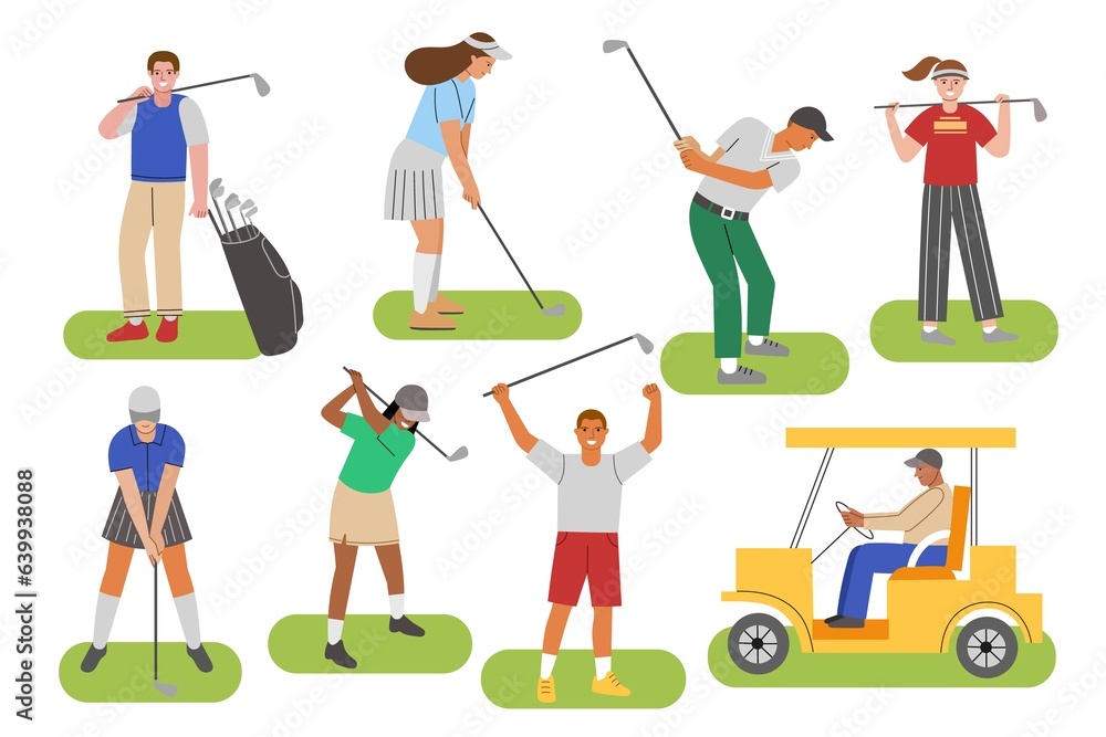 Cartoon golfers in poses. People with clubs trying to score balls in ...