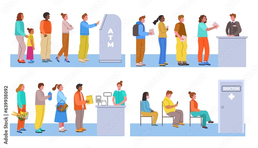 Cartoon people people in lines. Long queues to various services, atm ...