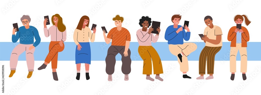 Cartoon people sit and use devices. Girls and boys with mobile phones ...