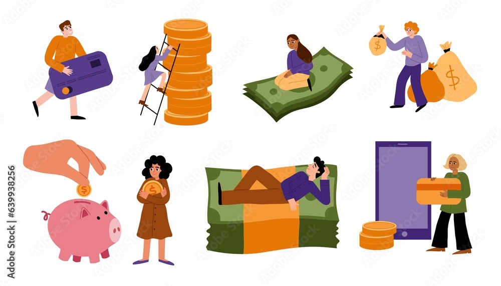 Cartoon people with big bills and coins. Funny tiny persons with money ...