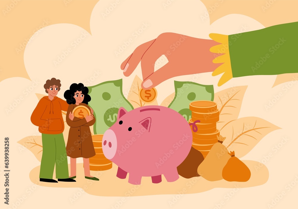 Cash savings. Cartoon people accumulate money, human hand puts golden ...