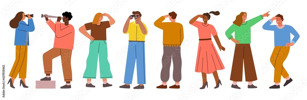 Cartoon people look through binoculars and spyglasses. Glance future ...
