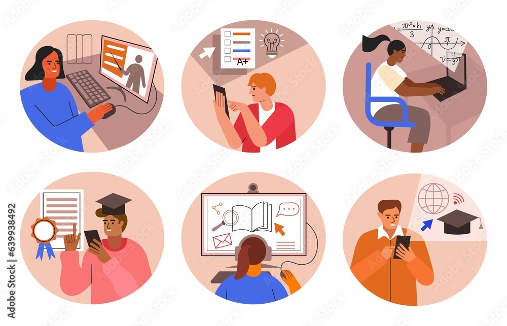 Cartoon students study remotely. Online education, people use laptops ...