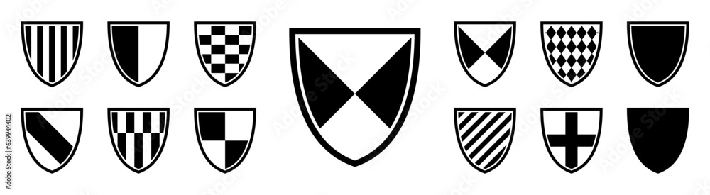 Protection shield vector set. Shields of various shapes with various ...