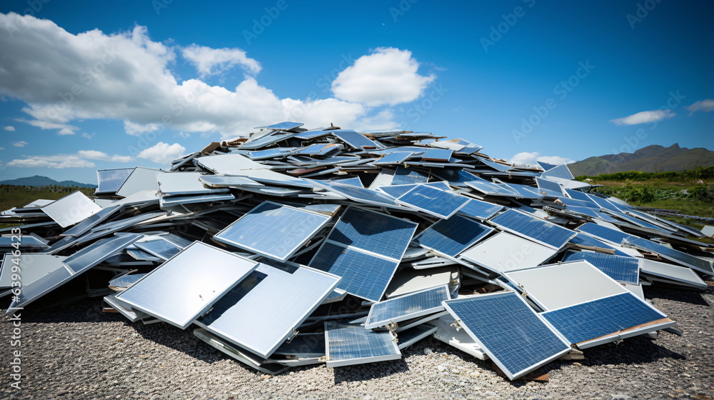 A dump of broken solar panel recycle . End of life renewable energy ...