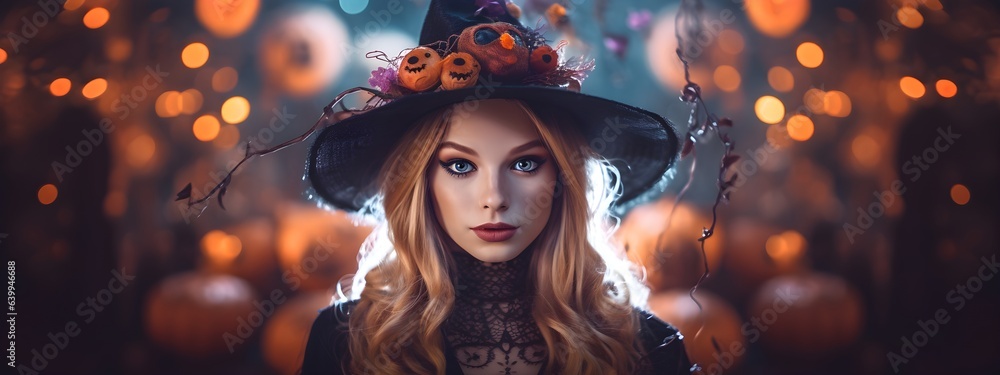 Beautiful Caucasian model in Halloween costume on dark spooky ...