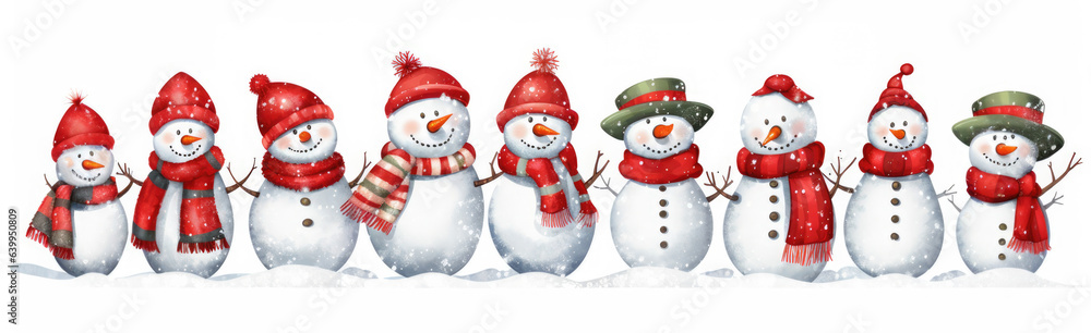 Cartoon of Cute snowmen rejoice in winter holidays. Seamless border ...